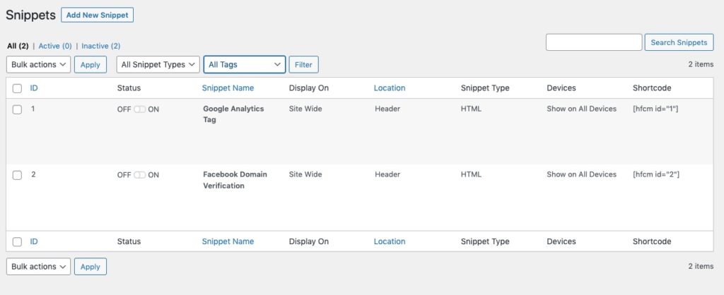 All Snippets List - DraftPress